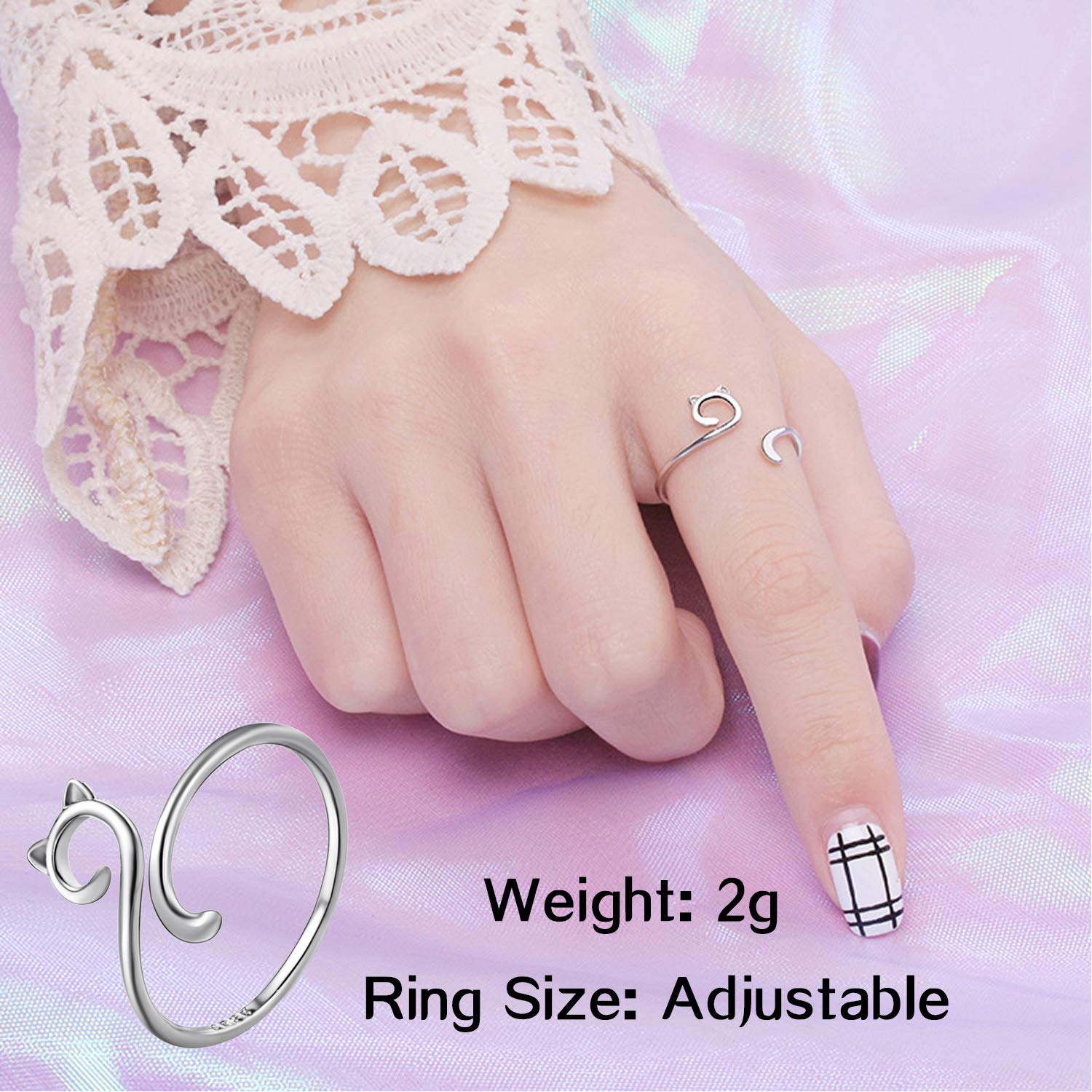 RINHOO FRIENDSHIP 4Pcs Cute Cat Rings Silver Plated Pet Open Adjustable Finger Statement Ring for Women (SET 1)
