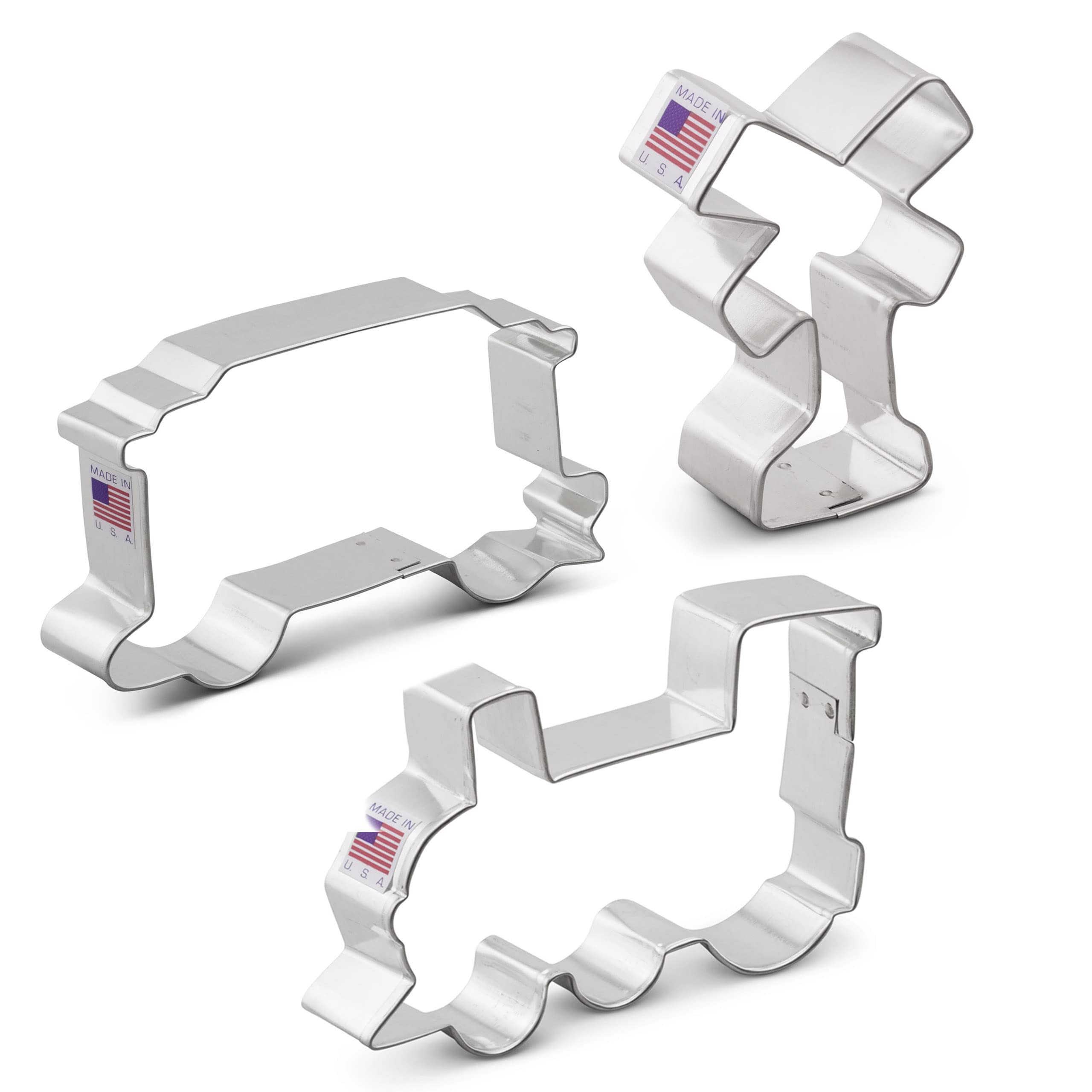 Train Railroad Cookie Cutters 3-Pc. Set Made in USA by Ann Clark, Train Engine, Caboose, Railroad Crossing Sign