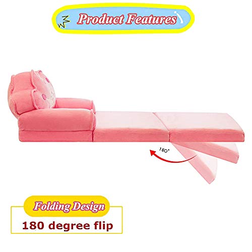 onegoodcar Plush Foldable Kids Sofa Backrest Armchair, 2 in 1 Foldable Children Sofa Cute Cartoon Lazy Sofa Children's Flip Open Sofa Bed for Living Room Bedroom (3 fold - Pink)