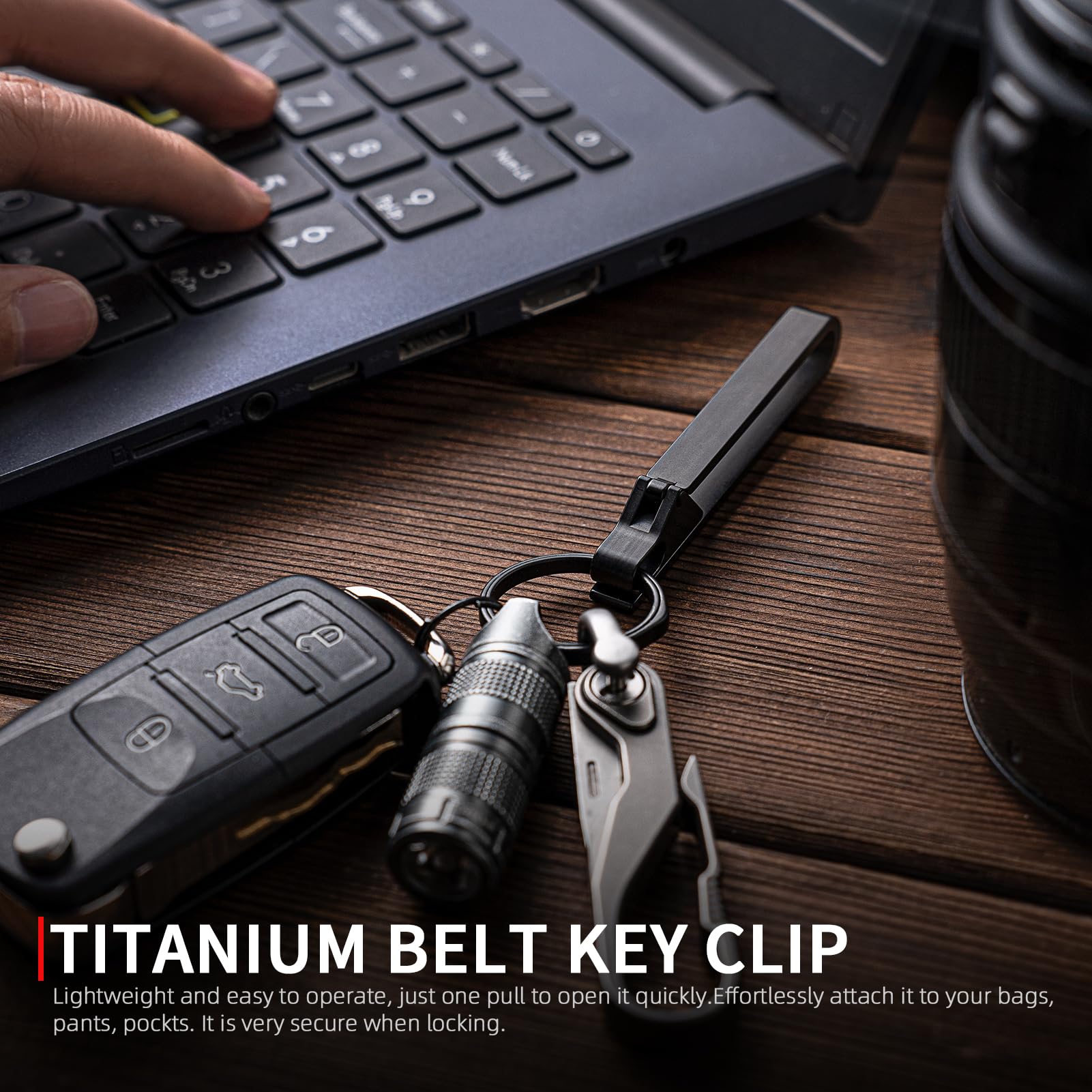 TIMULTI Titanium Belt Key Holder, Key Clip for Belt, Belt Loop Keychain Clip,EDC Quick Release Mens Belt Clip With Titanium Key Ring(Black Belt Clip-1PC)