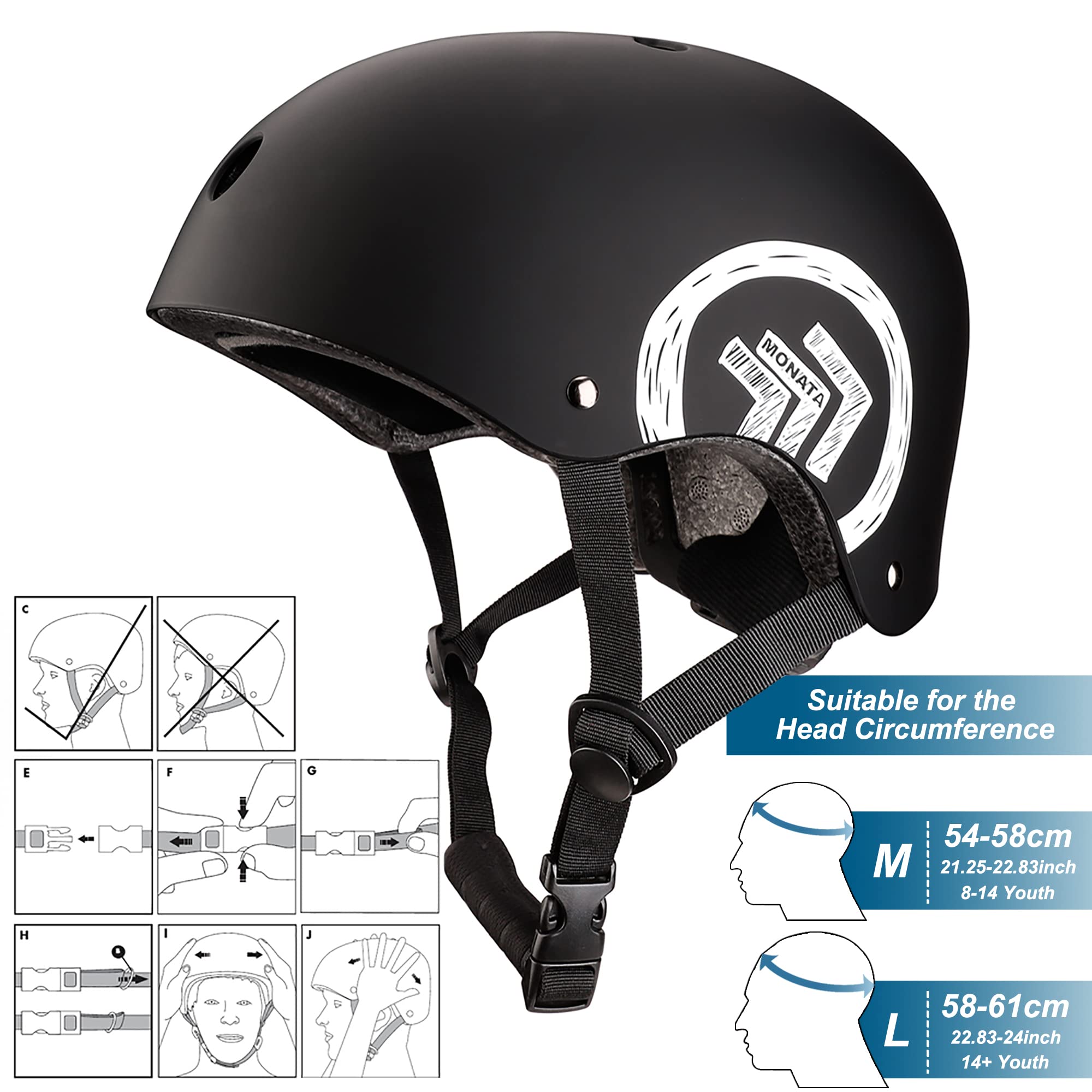 MONATA Skateboard Bike Helmet, Skate Scooter Helmet for Youth Adults Teens, Multisport Roller Skating Skateboarding Cycling Scooter Longboarding Rollerblading