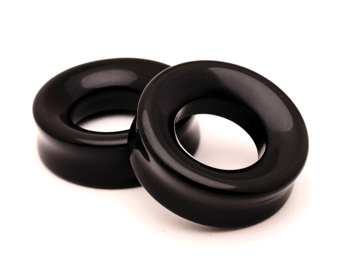 Mystic Metals Body Jewelry Black Agate Stone Concave Tunnels - 1 1/4” - 32mm - Sold As a Pair