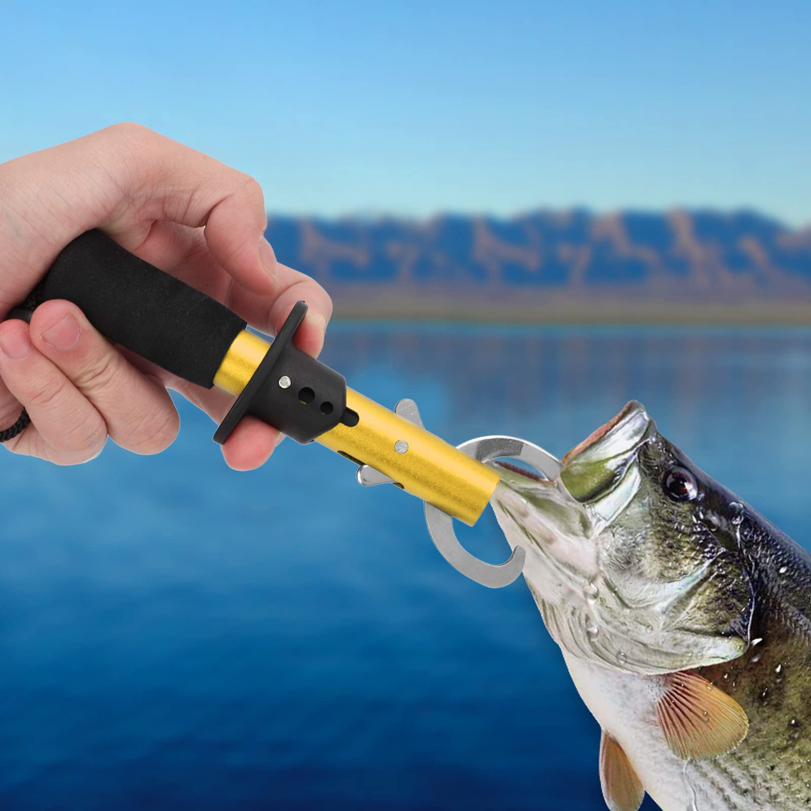Stainless Steel Fishing Gripper Two Sided Trigger Tool,Fish Lip Grabber with Wrist Strap Fishing Gear Accessories (Gold)