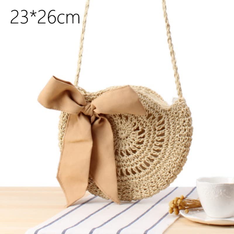 TJLSS Summer Round Bag Beach Wind Bow Crossbody Woven Bag Handmade Crochet Female Bag Beach Bag