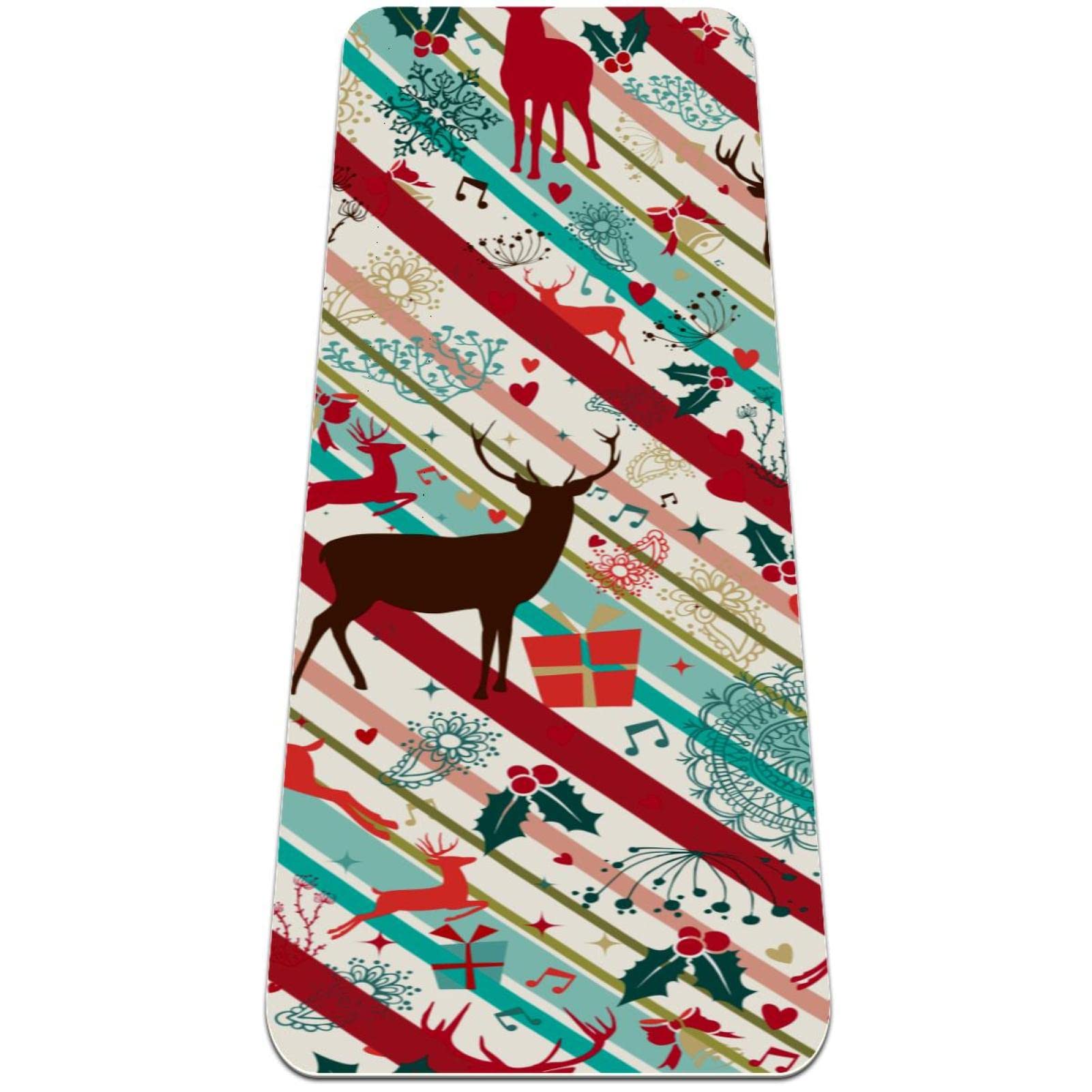 Yoga Mat, Yoga Mats for Home Workout, Workout Mat, Exercise Mats, Pilates Mat, Deer Christmas Striped Pattern