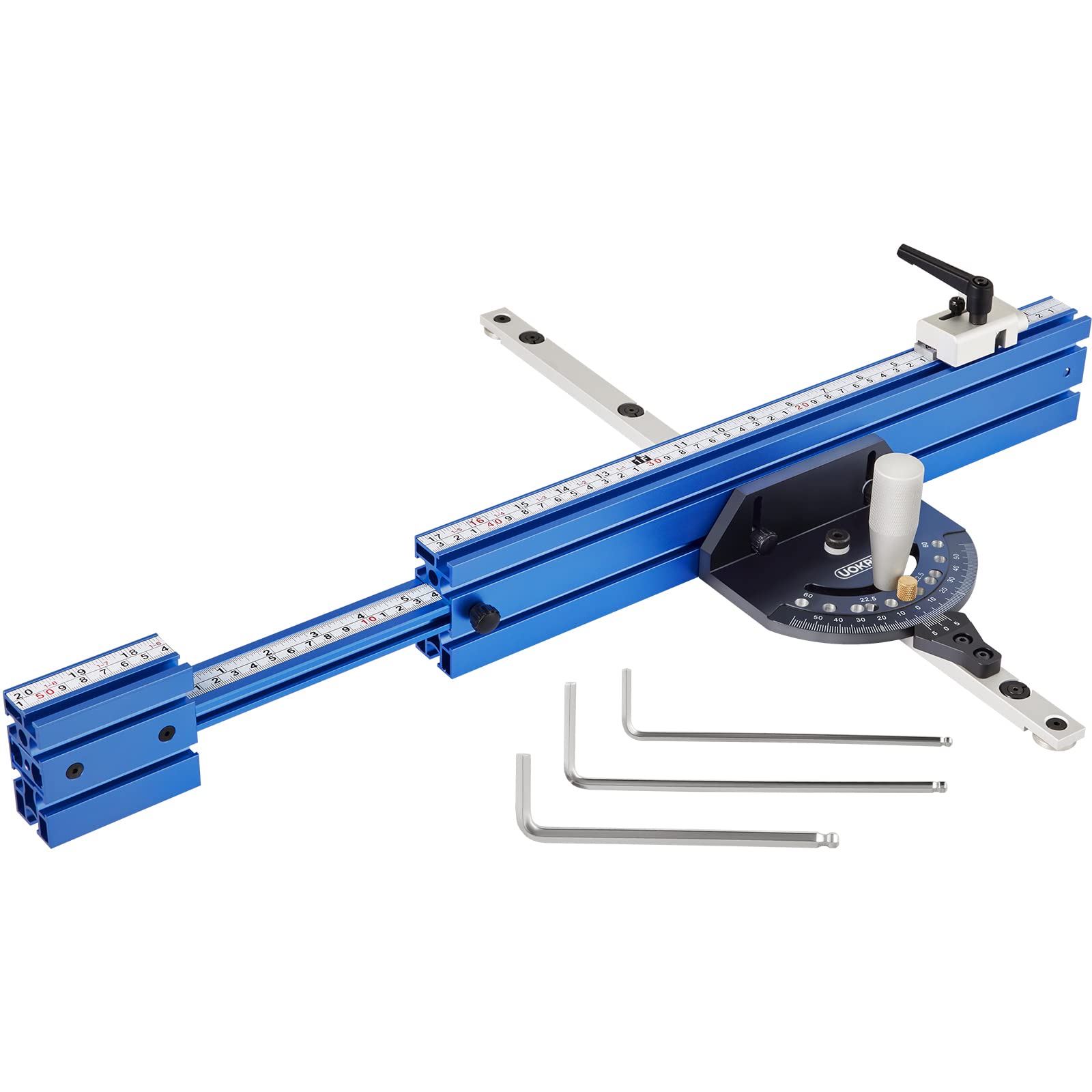 UOKRR Precision Miter Gauge for Table Saw Craftsman Telescoping 20'' to 36'' Aluminum Miter Fence Repetitive Cut Flip Stop 60° Angled Ends for Maximum Stock Support, Blue (UO036)