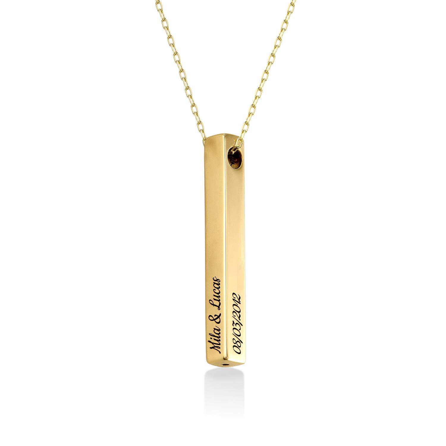 Oak&Luna Personalized Custom Pillar Bar Necklace -3D Engraved 4 Sides- Sterling Silver 925 Jewelry Gift for Her- Mother Day Pendant (10k Yellow Gold)