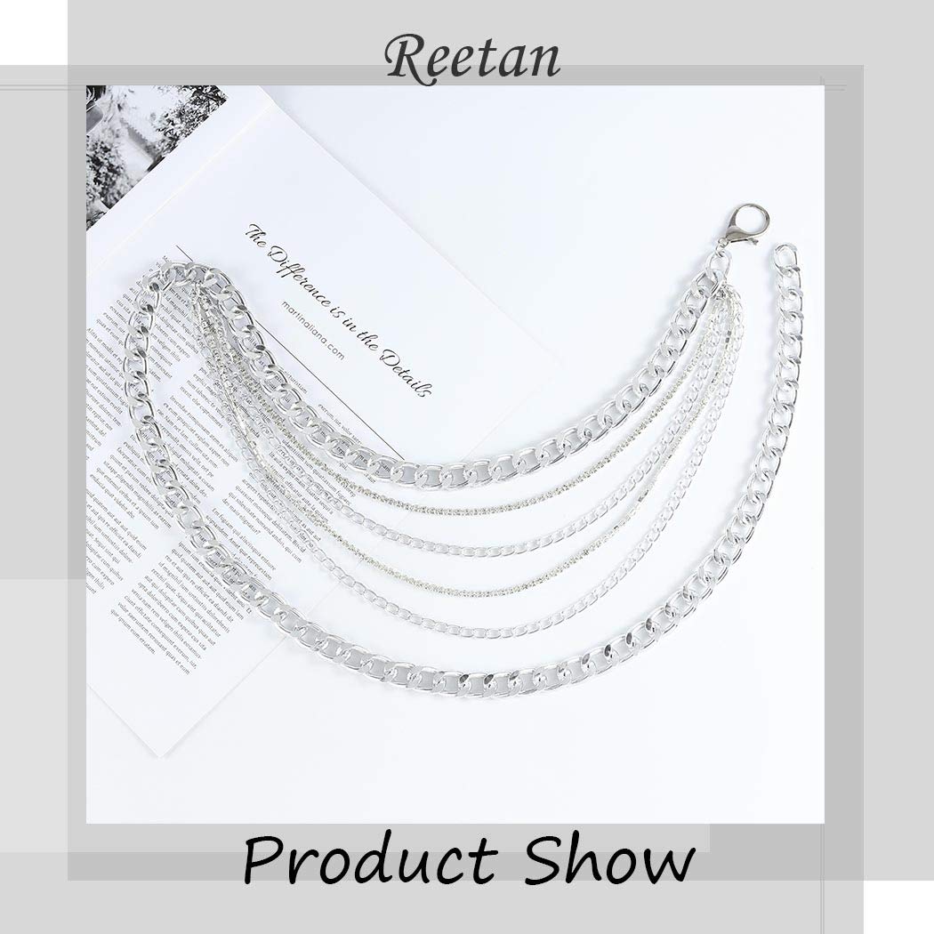 Reetan Sparkly Rhinestone Chain Belt Layered Boho Waist Chain Rave Belly Chain Nightclub Body Jewelry Accessories for Women (Silver)