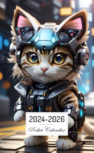 Pocket Calendar 2024-2026: Two-Year Monthly Planner for Purse , 36 Months from January 2024 to December 2026 | Isometric view | Cute futuristic cat wearing cyberpunk