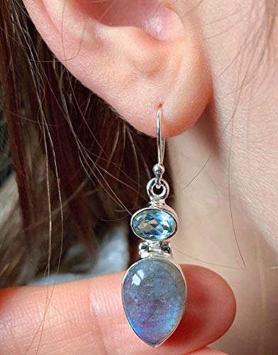 Mystic Princess' Sterling Silver Labradorite Earrings, Blue Topaz Dangle Earrings
