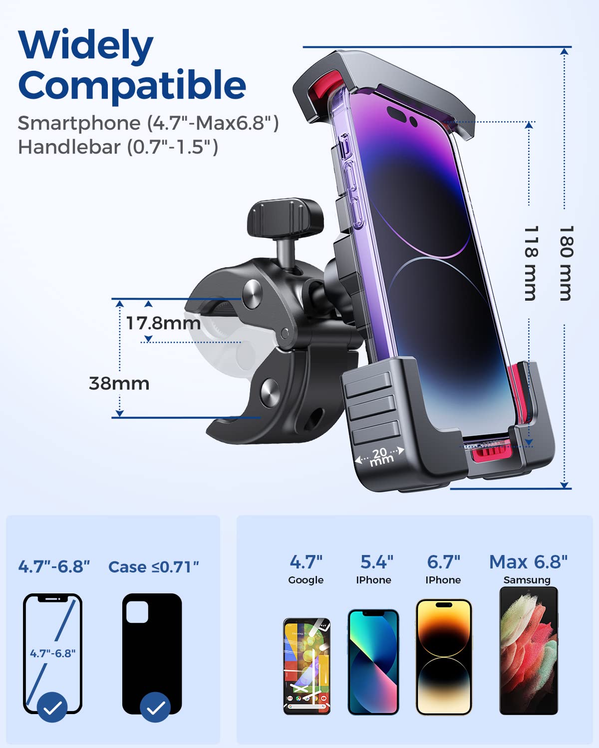 Sanosan One-Push Motorcycle Phone Mount,3s Quickly Install,1 Second Automatic Lock & Release, Bike Phone Holder Handlebar, Motorcycle Accessories for Bicycle, Compatible for Cellphone (4.7"-6.8")