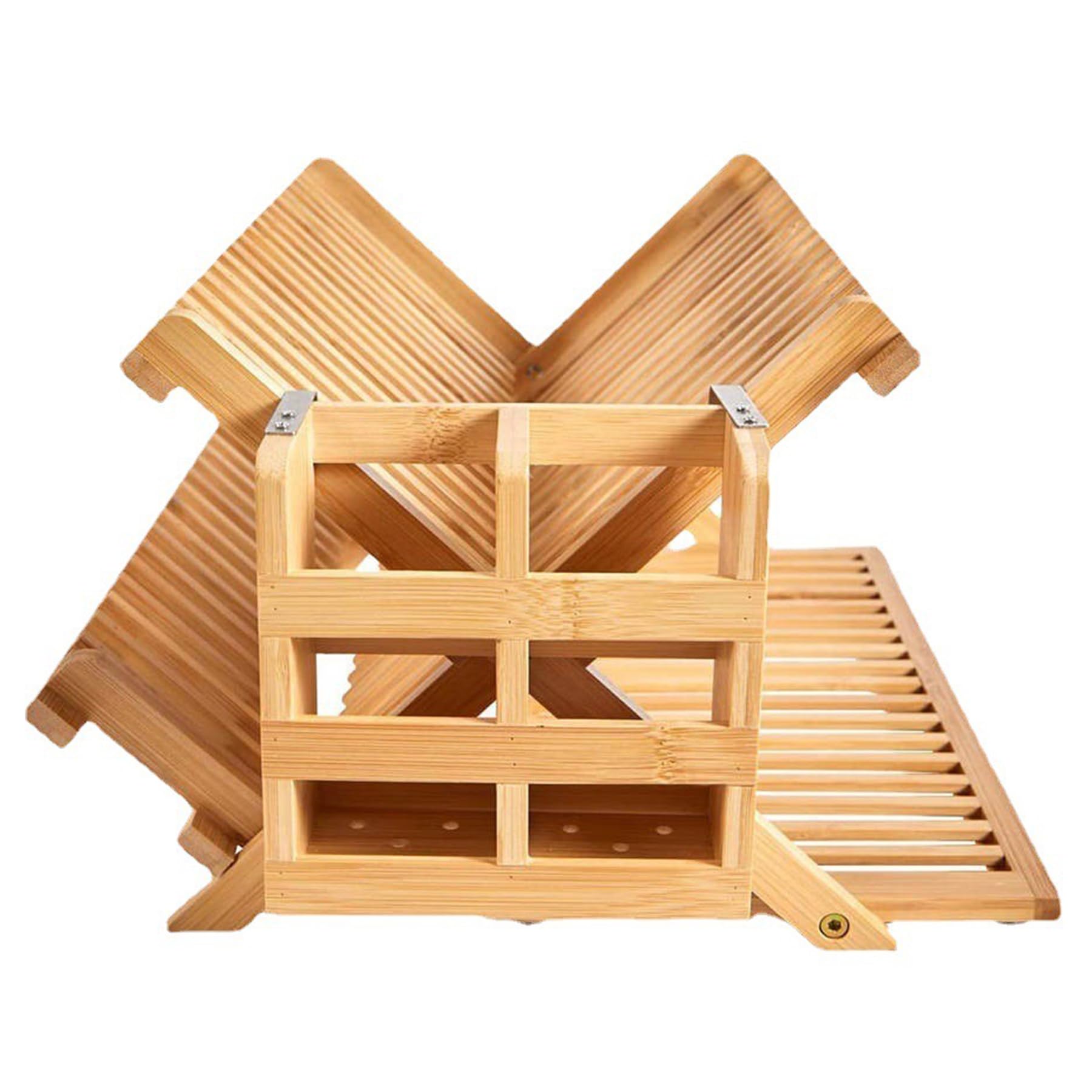 Olioeiao Bamboo Dish Drying Rack for Kitchen - Collapsible 3-Tier Wooden Folding Drainer with Utensil Holder and Dish Strainer Board for Countertop, Sink, and Racks Dryer (Natural)