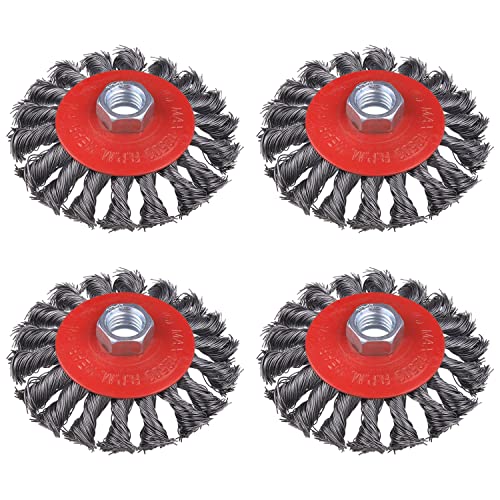 WENORA 4 Pack 4 Inch Twist Knotted Wire Wheel Brush for Angle Grinder with 5/8 Inch-11 Threaded Arbor, for Heavy-Duty Conditioning for Various Metals