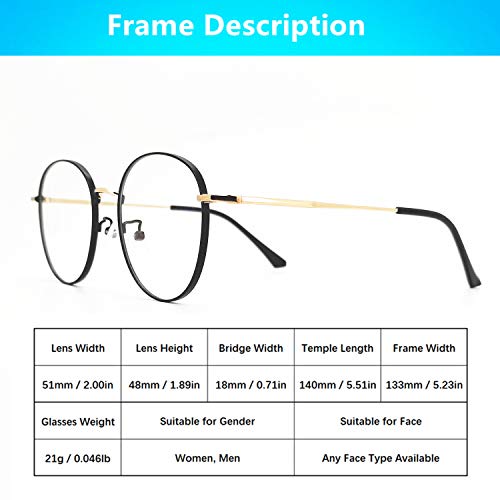 Optifine Blue Light Blocking Glasses Women Men Round Computer Reading Metal Eyeglasses Frame (0 Non Prescription, A. Black Gold)