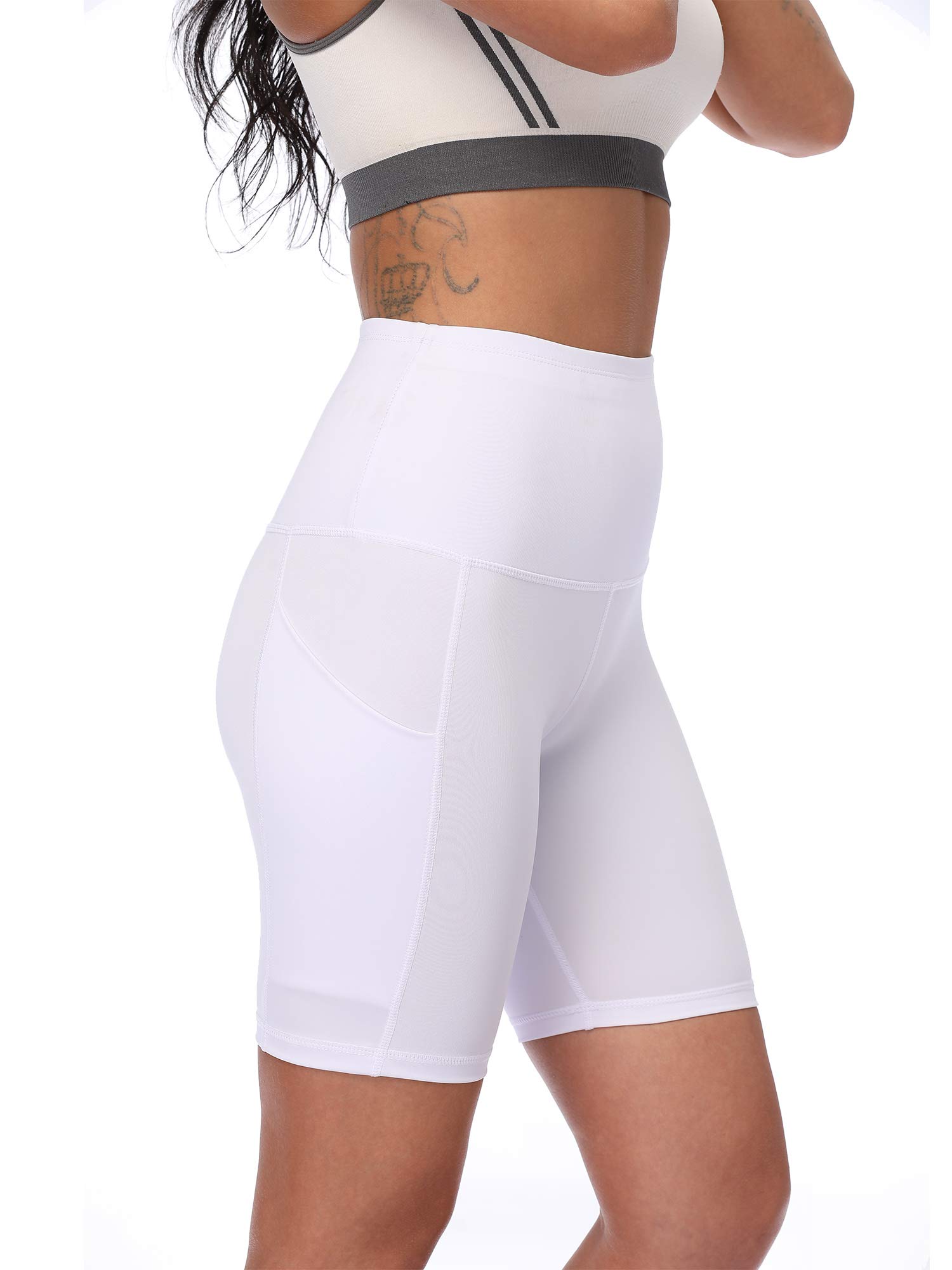NELEUS Women's 3 Pack Athletic Shorts for Biker Running Yoga Gym Workout Tummy Control Workout with Pocket,1010,White/Blue/Navy,ID 2XL, US XL
