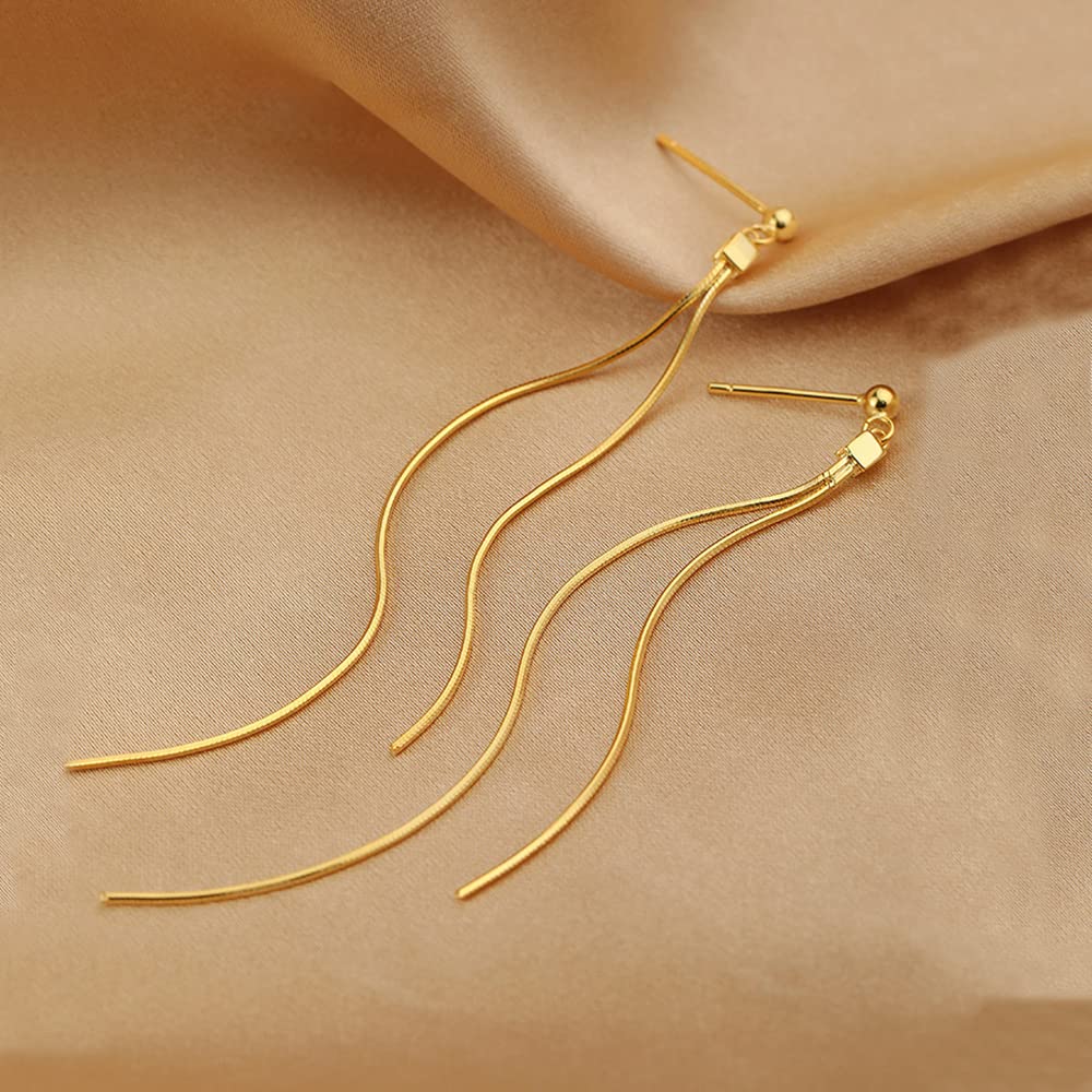Reffeer Solid 925 Sterling Silver Tassel Chain Dangle Earrings for Women Teen Girls Long Dangle Drop Earrings Minimalist (B-18K Gold)