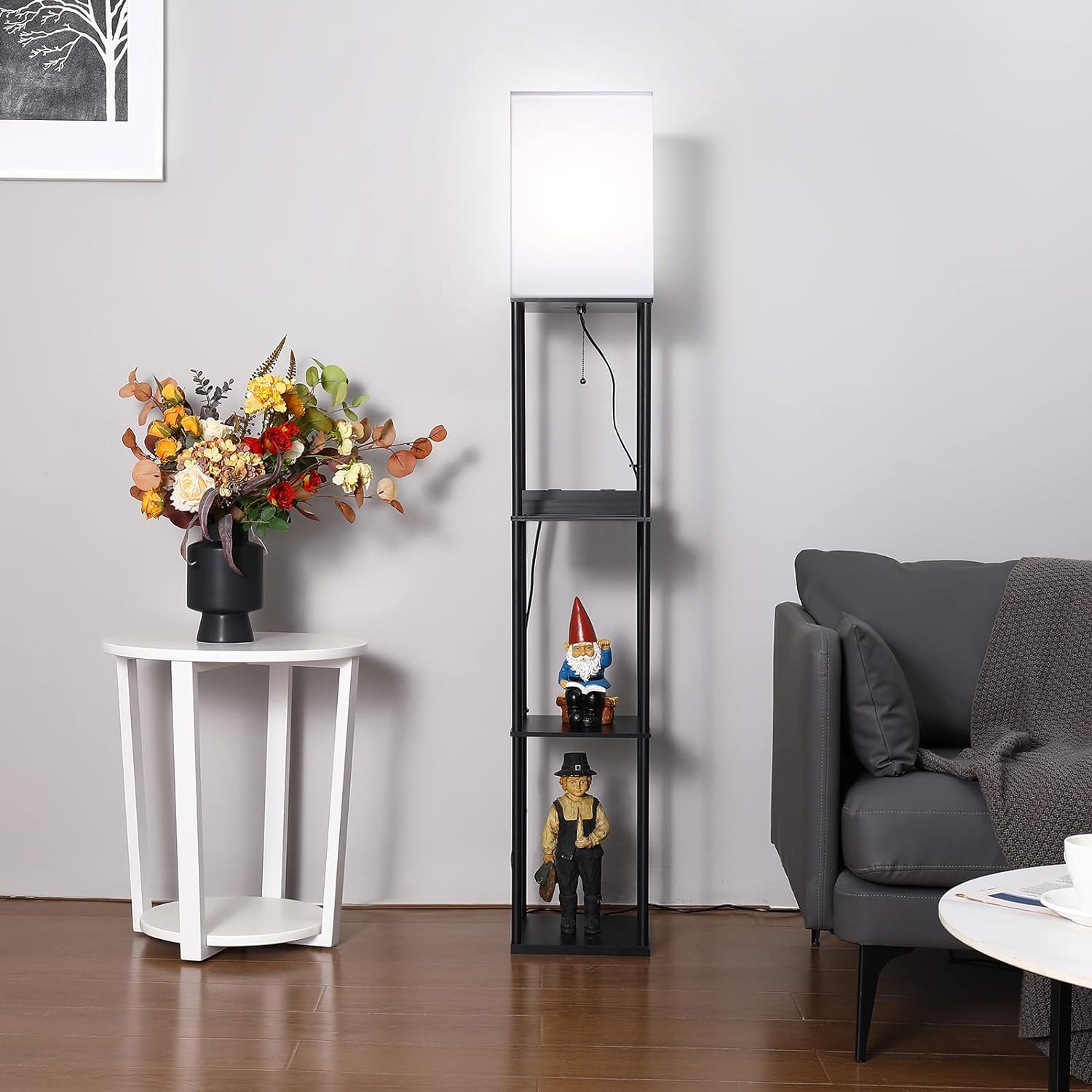 NUNET Smart LED Floor Lamp with Shelves 3 Color Temperature Light & Dimmable App Controlled Wi-Fi Bulb w. 3 Level Shelves & Cellphone/Photo Frame Stand for Bedroom Living Room Corner etc. (Black)