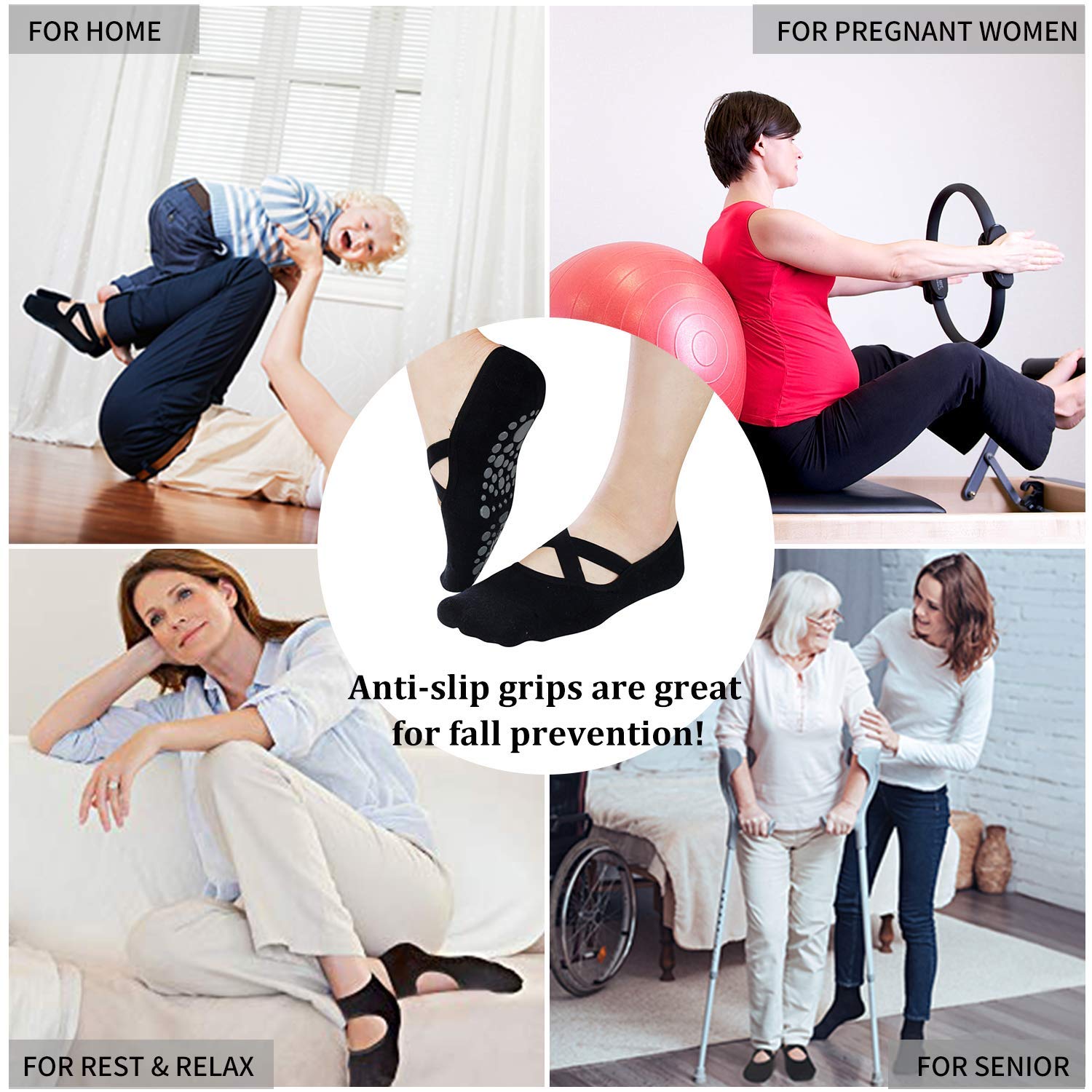 Ristake Yoga Socks, Womens Compression Cotton Sticky Hiking Running Socks for Pilates 3 Pairs Skid Proof Barre Pilates Socks with Grips