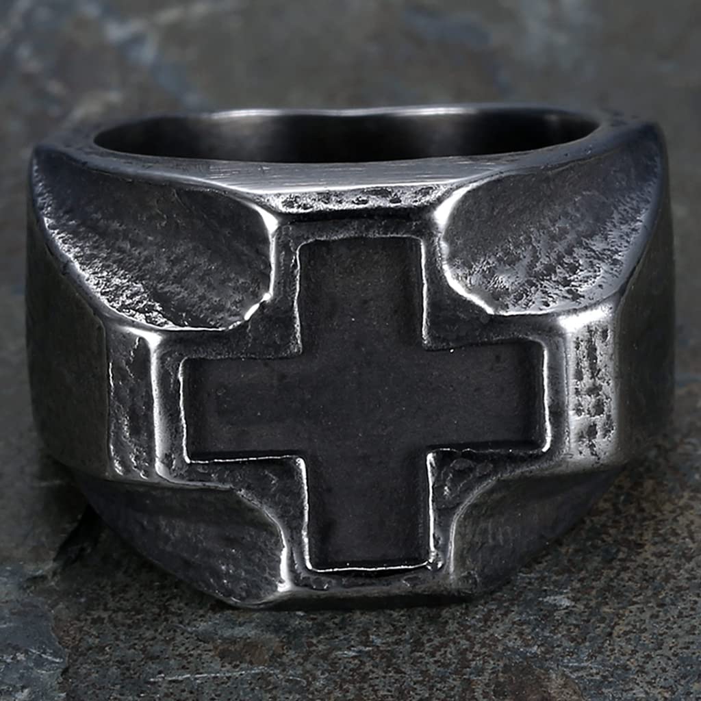 Retro Vintage Stainless Steel Cross Style Signet Party Biker Statement Ring (Grey, 8)