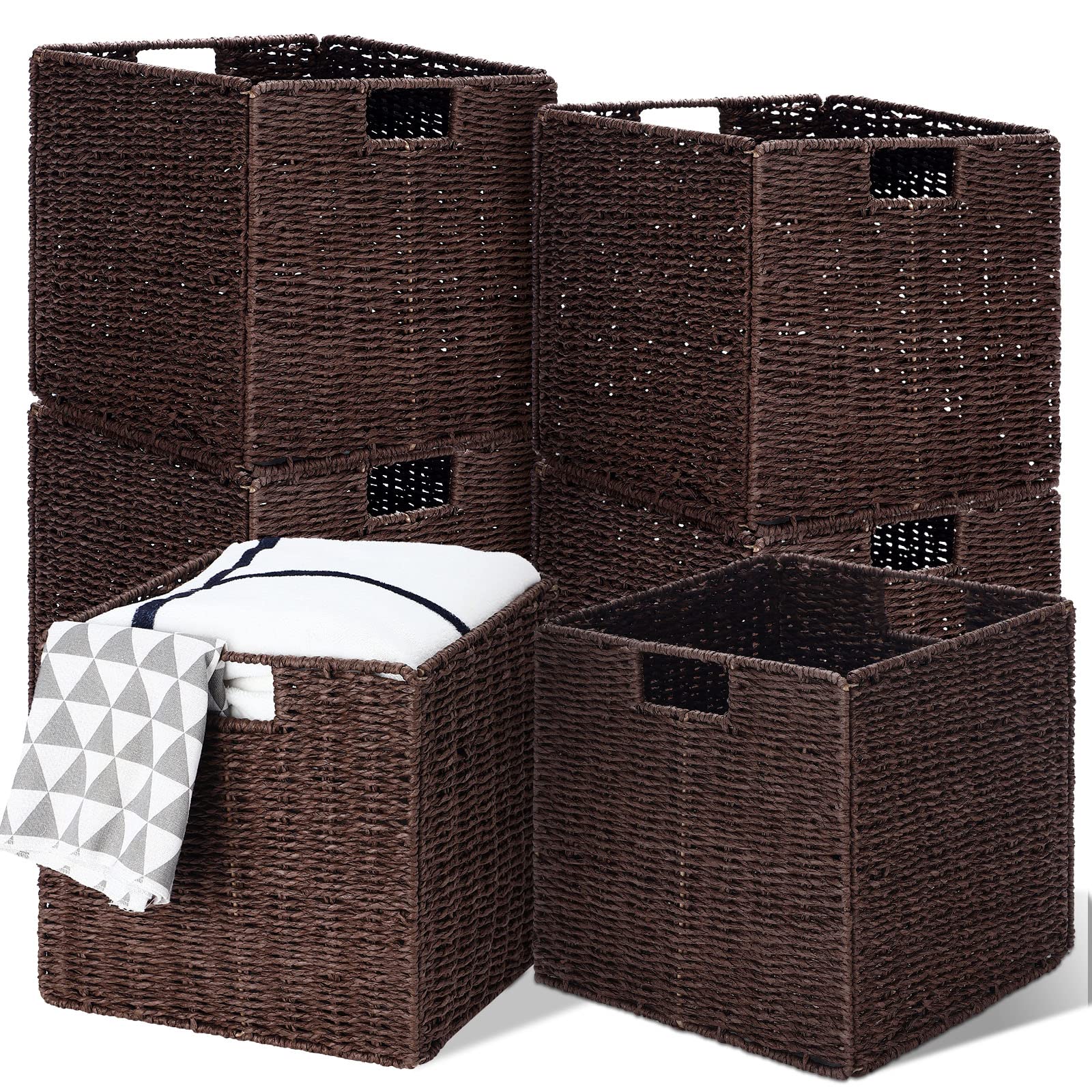 Panelee 6 Pack Wicker Storage Baskets Foldable Wicker Baskets for Storage Hand-woven Willow Rope 11x11x11 Inch Square Cube Storage Bins Organizer for Shelves Organizing Decor Laundry Pantry (Brown)