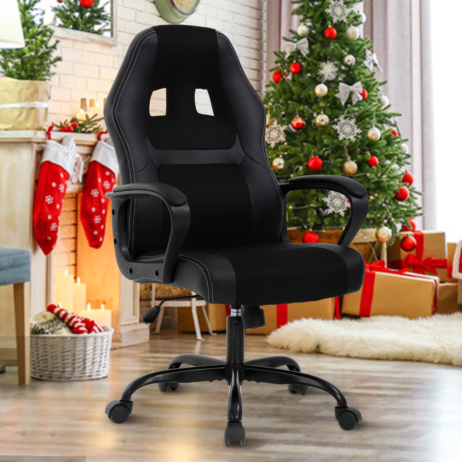 Office Chair Ergonomic Executive Desk Chair,Racing PC Gaming Chair with Lumbar Support, Comfortable Mesh Home Computer Chair High Back Leather Swivel Task Chair for Adults, White