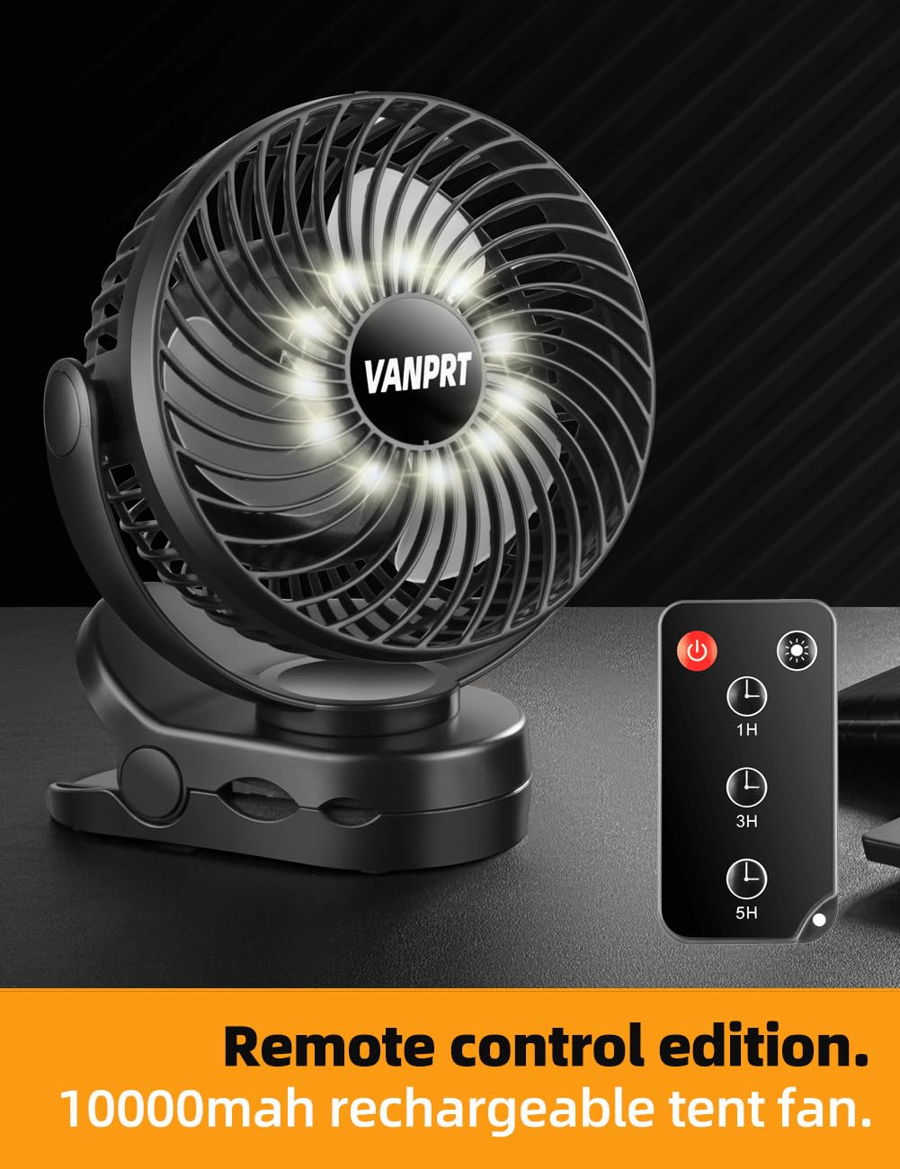 VANPRT 6'' Portable Hanging RV Tent fan with Remote Control,10000mAh Battery Camping Fan with LED light and Timer, 40 Hours Working Time Rechargeable Clip Fan, as Emergency Power - Blue
