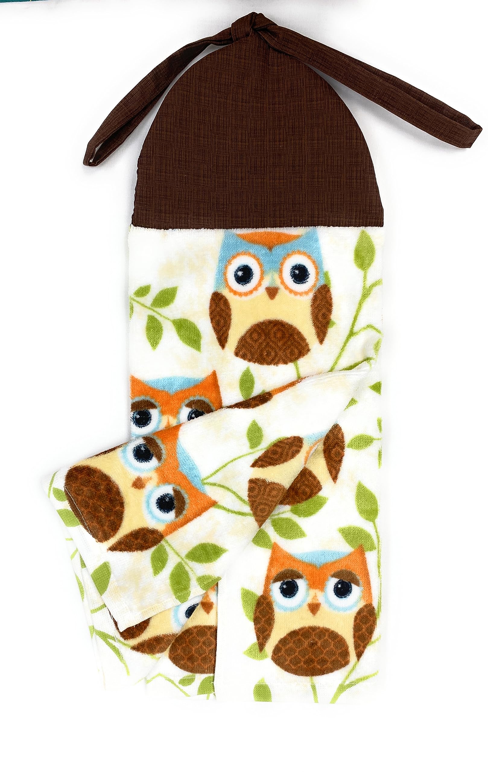 Owls Gift for Owl Lover Brown Tan White Teal Green Reversible Ties On Stays Put Kitchen Bathroom Hanging Loop Hand Dish Towel