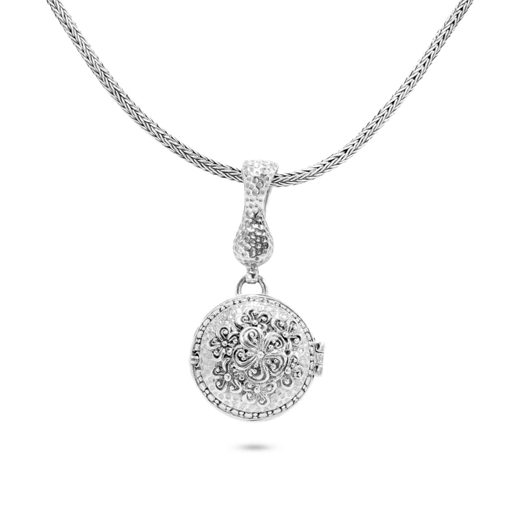 SARDA - .925 Sterling Silver 2" x 1" Frangipani Flower Hammered Chain Link Jawan Round Domed Locket Enhancer Pendant - Handmade by Bali Artisans