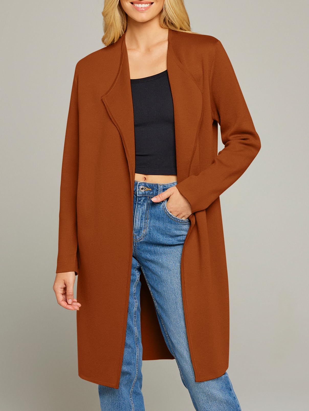 MEROKEETY Womens Fall Long Sleeve Dressy Cardigan Classy Loose Cozy Knitted Long Sweater Jackets, Caramel, L