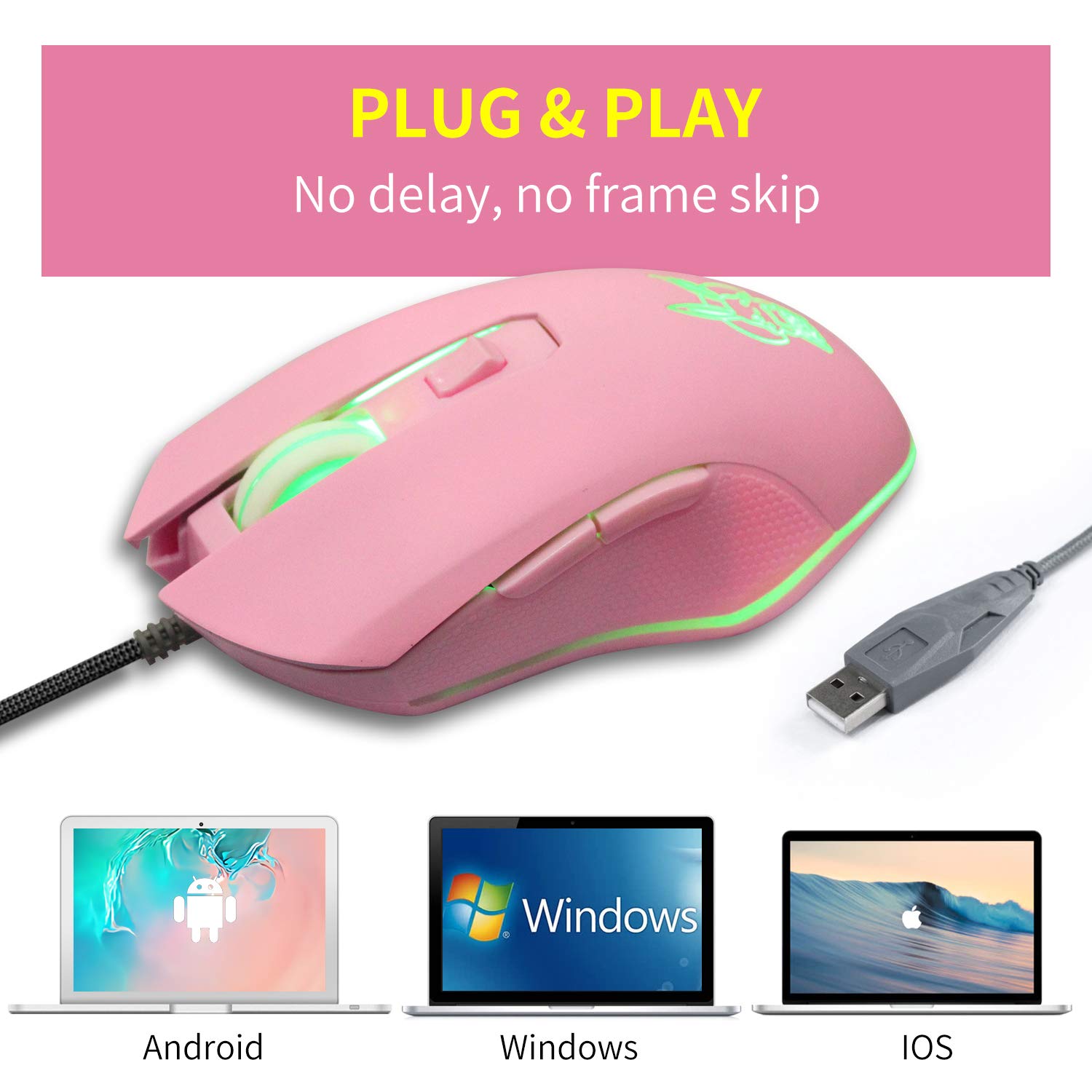 Pink Mouse Silent Click, 7 Colors Backlit Optical Game Mice Ergonomic Wired with 2400 DPI and 6 Buttons 4 Shooting for PC Computer Laptop Desktop (USB)