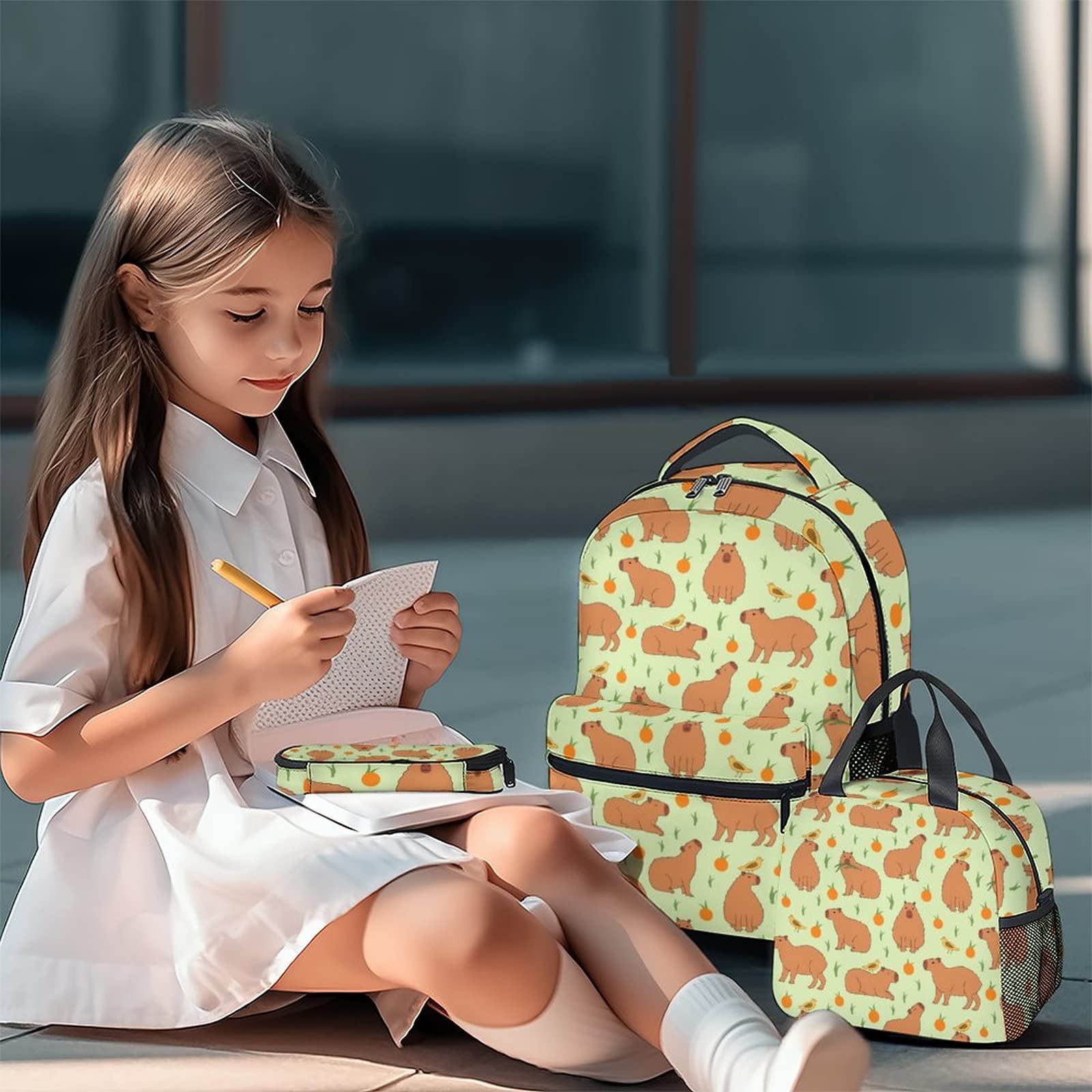 PAKKITOP Capybara Backpack with Lunch Box and Pencil Case Set, 3 in 1 Matching Kids Girls Boys Green Backpacks Combo, Cute School Bookbag and Pencil Case Bundle