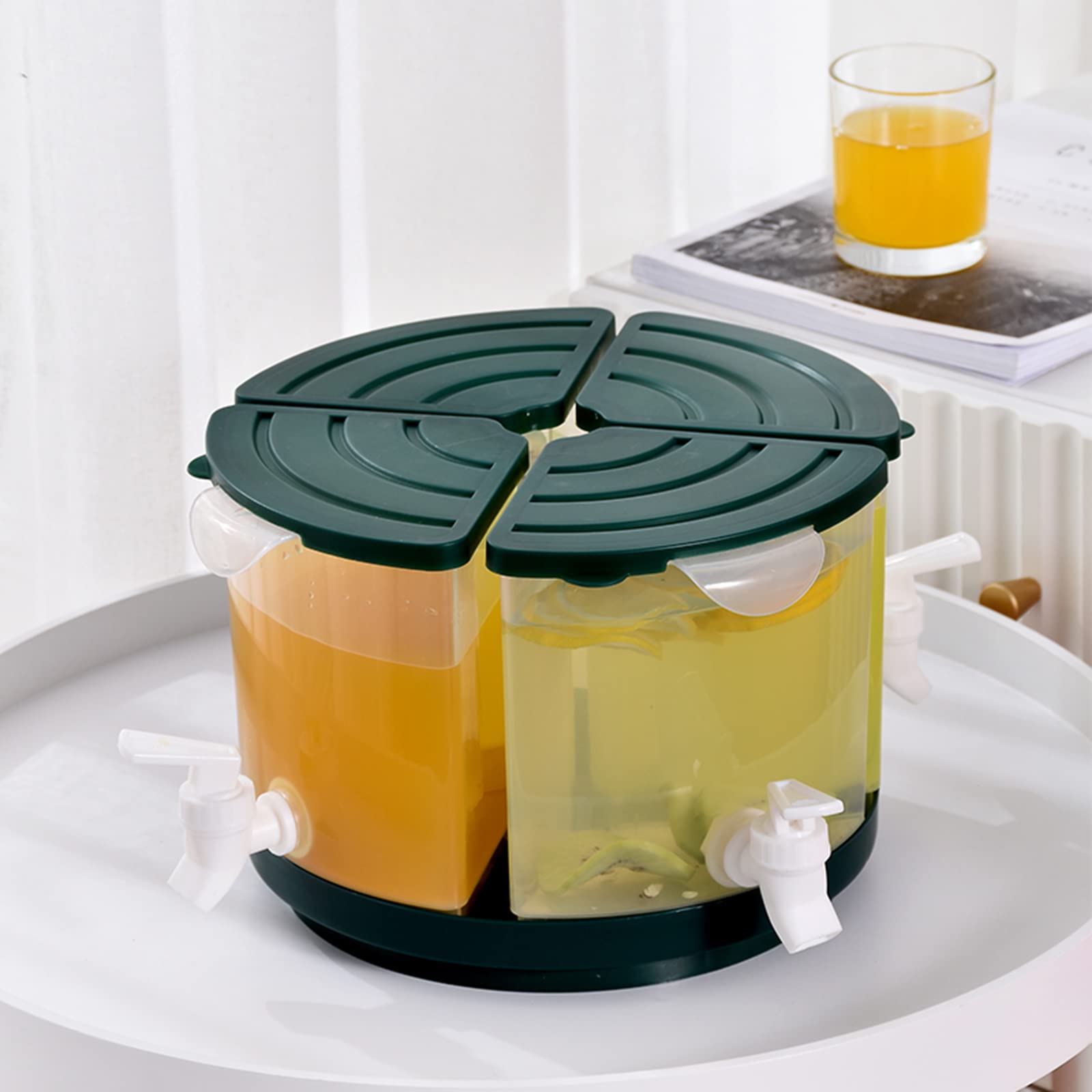 PRTECY Beverage Dispenser for Fridge, 5.5 L/1.5 Gallon Rotating Plastic Drink Dispenser with Spigot 4 Grids Cold Kettle Refrigerator Iced Lemonade Juice Containers for Daily Use (Green)