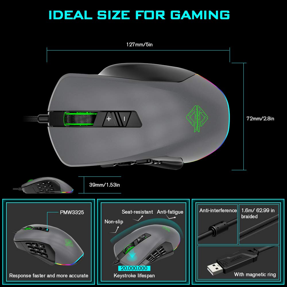 NACODEX GTI Modular Gaming Mouse Wired, Adjustable DPI RGB Backlit, MMO Gaming Mice with 14 Programmable Buttons, Palm/ Claw Grip Ergonomic for PC Gamer (Gray)