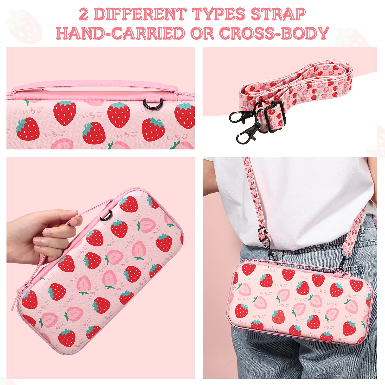 Pink Strawberry Pattern Protective Case and Carrying Case Compatible with Nintendo Switch, Soft Slim Case Cover for Console and Controllers, Hard Shell Travel Carrying Bag with 12 Game Card Slots