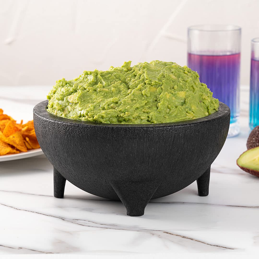 Restaurantware 56 Ounce Salsa Bowl 1 3-Legged Design Molcajete Bowl - Microwavable Dishwashable Black Plastic Salsa Bowl Shatterproof For Sauces Guacamole and Cheese Dip