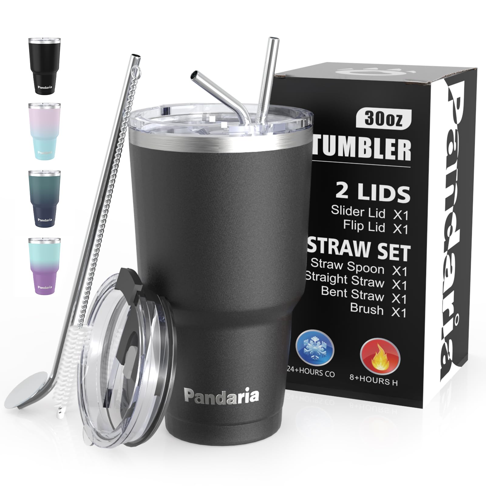Pandaria 30 oz Mens Travel Coffee Tumbler Cups, Double Wall Stainless Steel Reusable Spill Proof Tumbler with Straw, Leak Proof Insulated Tumbler with Straw for Iced Coffee, Tea & Water (Black)