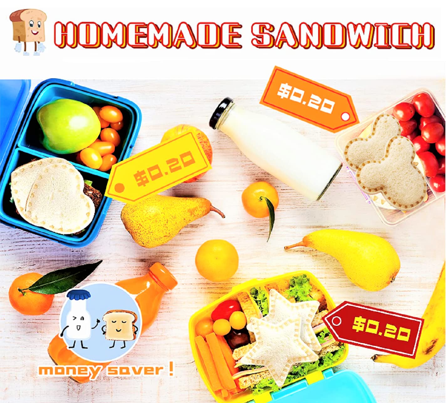 Uncrustables Maker, 12pcs Sandwich Cutter and Sealer sets, Uncrustable Sandwich Cutter, Decruster Sandwich Maker, Bread Cookie Cutters for Boys Girls Lunch & Bento Box (Dinosaur Heart Mickey Star)