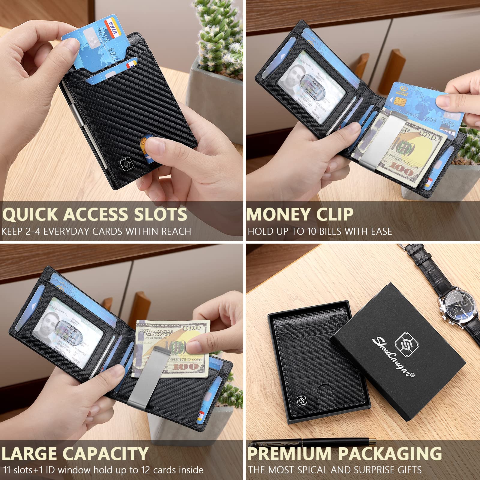 SHOUCANGAR Slim Wallet for Men,12 Card Slots Leather Carbon Fiber Wallet RFID Blocking Bifold Credit Card Holder With Gift Box