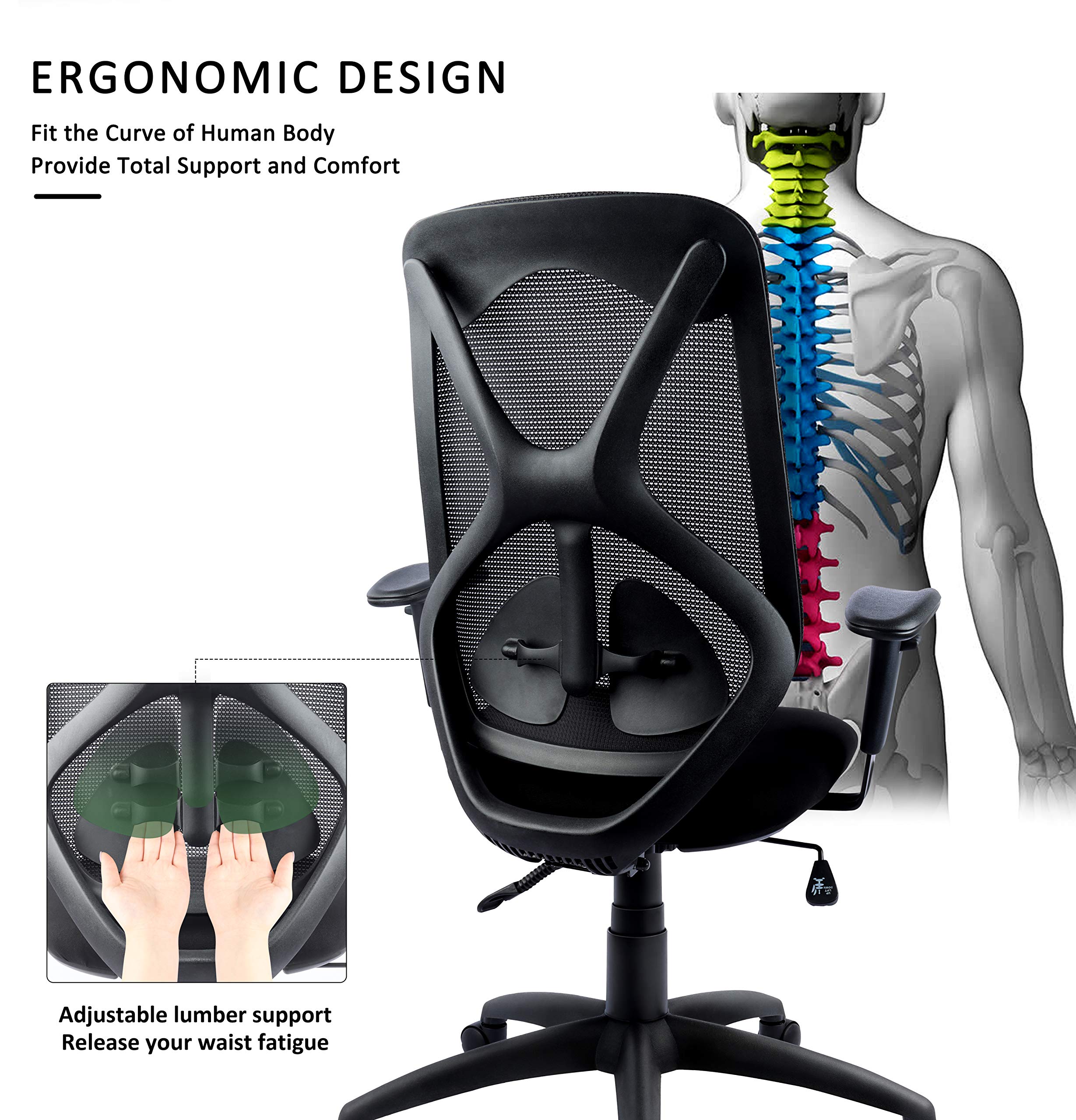 Office Desk Chair Ergonomic with Headrest, Adjustable Armrests, Seat, and Lumbar Support, Mesh Computer Task Chair, High Back Executive Swivel Chair, Black