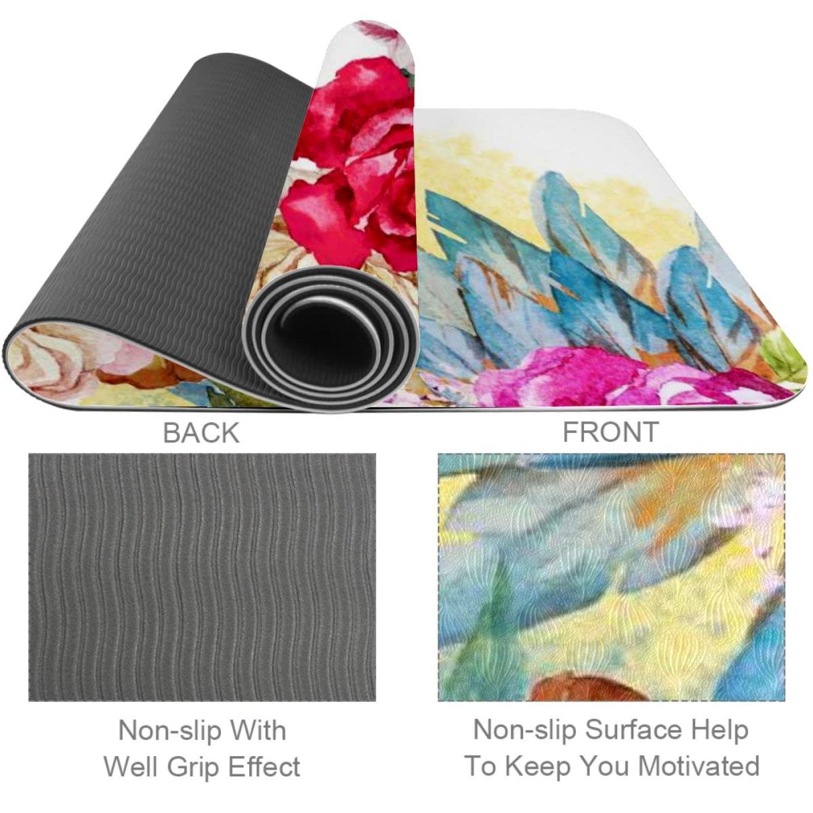 Yoga Mat, Yoga Mats for Home Workout, Workout Mat, Exercise Mats, Pilates Mat, colorful rose flower leaves skull pattern