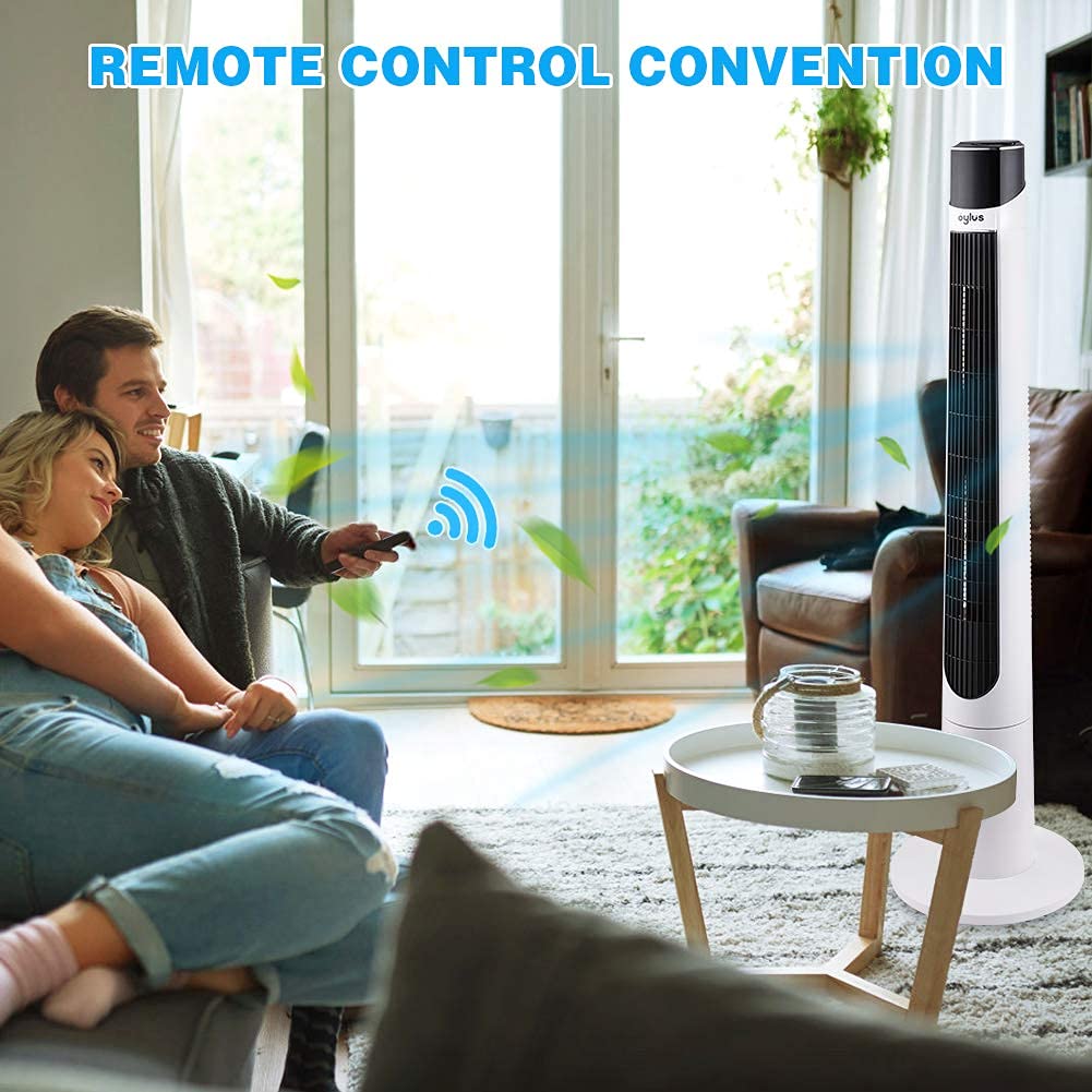 OYLUS 48’’ Tower Fan Portable With Remote Control Oscillating Quiet, 3 Speed Settings Nature & Sleeping Mode 12H Timer for Rooms, Office, White