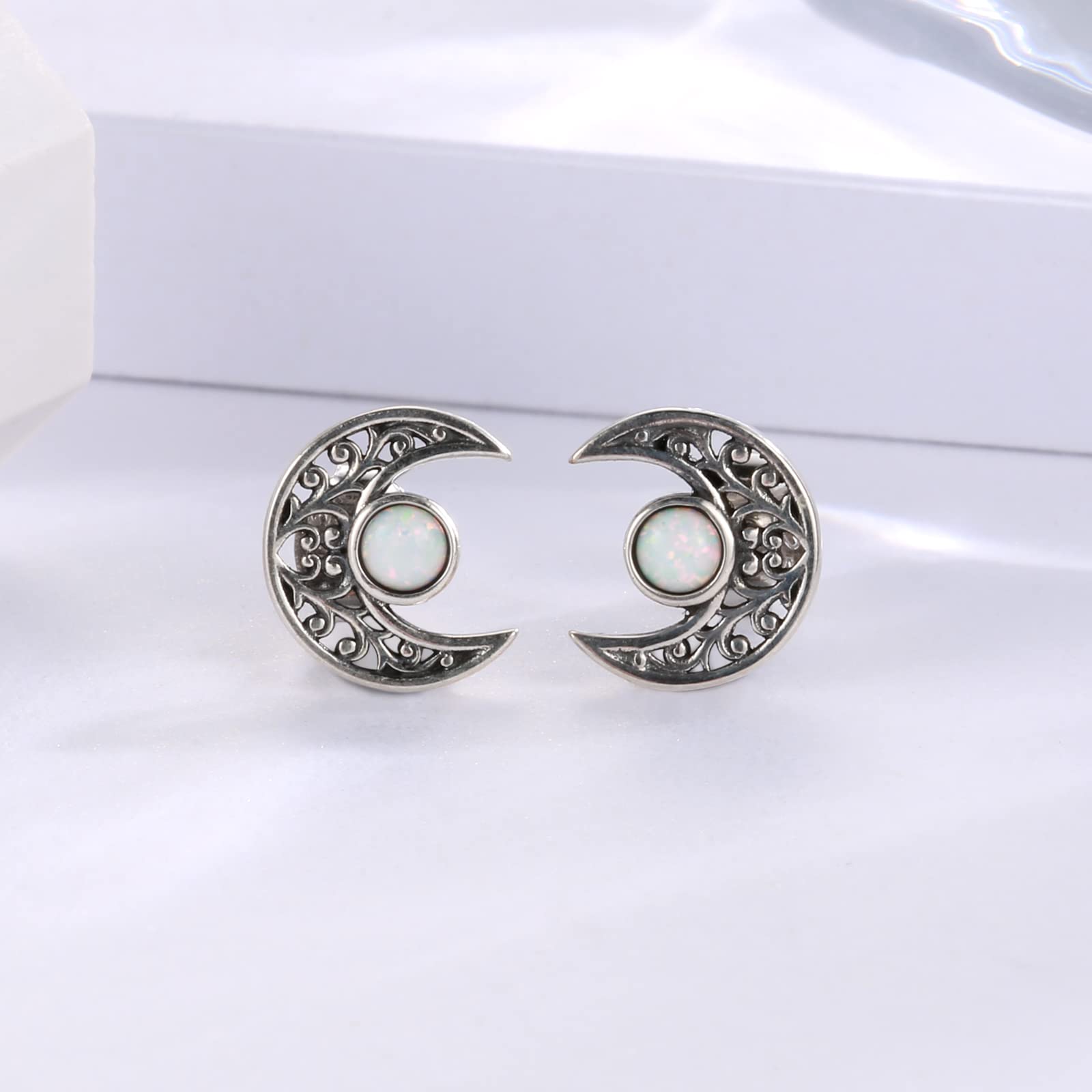 Sterling Silver Moon Earrings for Women: Opal Crescent Moon Stud Earrings Jewelry Gift for Teen