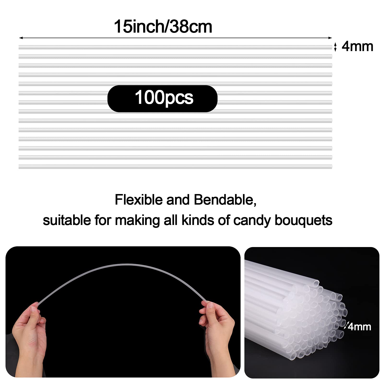 Palksky Cake Pop Sticks for Candy Bouquets, 100-Count 15 Inch Clear Lollipop Sticks for DIY Cookie Bouquet Gift