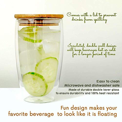 Simply Things Double Wall Insulated Borosilicate Glass Mugs with Bamboo lid, Set of 2… (16 ounce)