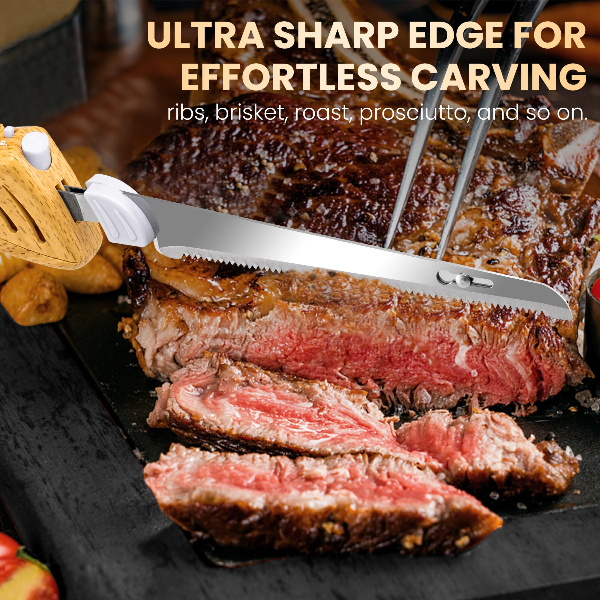 Prikoi Cordless Electric Knife, Easy-Slice Serrated Edge Blades for Carving Turkey, Bread, Fillet, DIY, Ergonomic Handle + 2 Blades