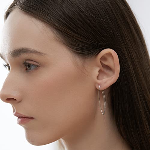 Sterling Silver Elliptical Threader Pull Through Hoop Earrings,Unique Personalized Handmade Oval Leaf-shaped Earrings Hypoallergenic for Women