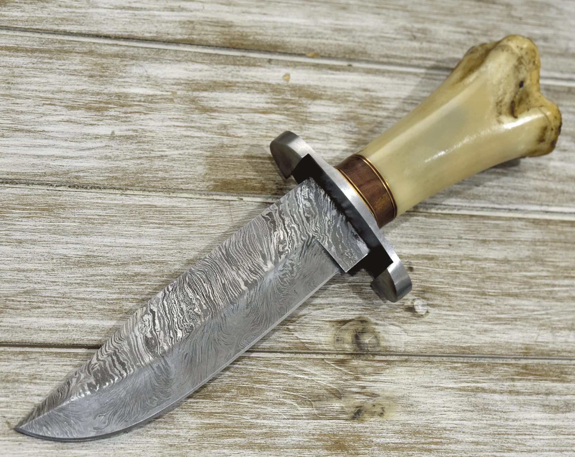 SHOKUNIN USA DAMASCUS HUNTING KNIFE, Forged Custom Bowie knife, 12.0",Hand Made, personalized camping knife, bone handle, hand stitched leather sheath knife