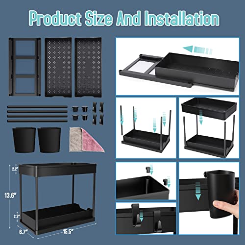 OZD Under Sink Organizer, 2 Tier Bathroom Organizer Under Sink with Sliding Drawer, Under Cabinet Organizer Baskets with Hooks, Hanging Cups, Dividers, Storage Shelf for Bathroom Kitchen