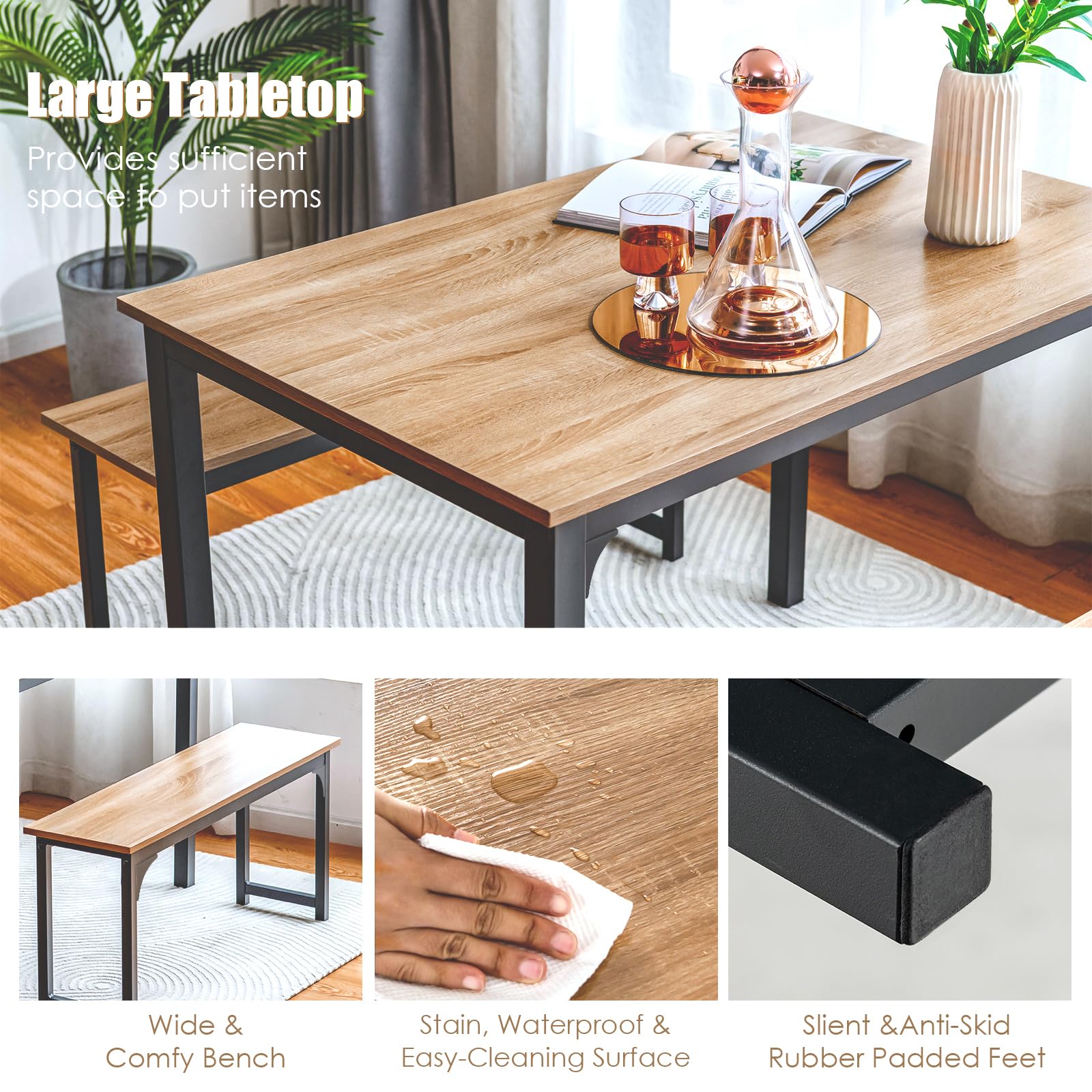 NAFORT 3-Piece Dining Table Set for 4, 43.5" Modern Kitchen Table Set w/2 Benches & Metal Frame, Space Saving Dining Room Table Set with MDF Wood Board, Ideal for Home, Restaurant, etc.