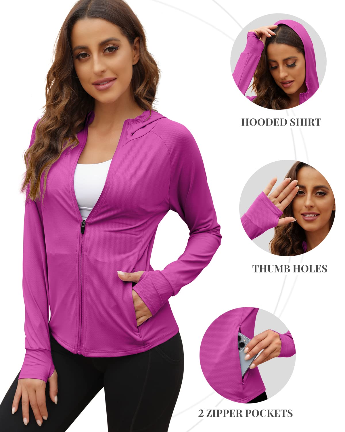 We1Fit Women's UPF 50+ Sun Protection Jacket Hoodie Sun Shirts Hiking Running Athletic Shirt Rose Red